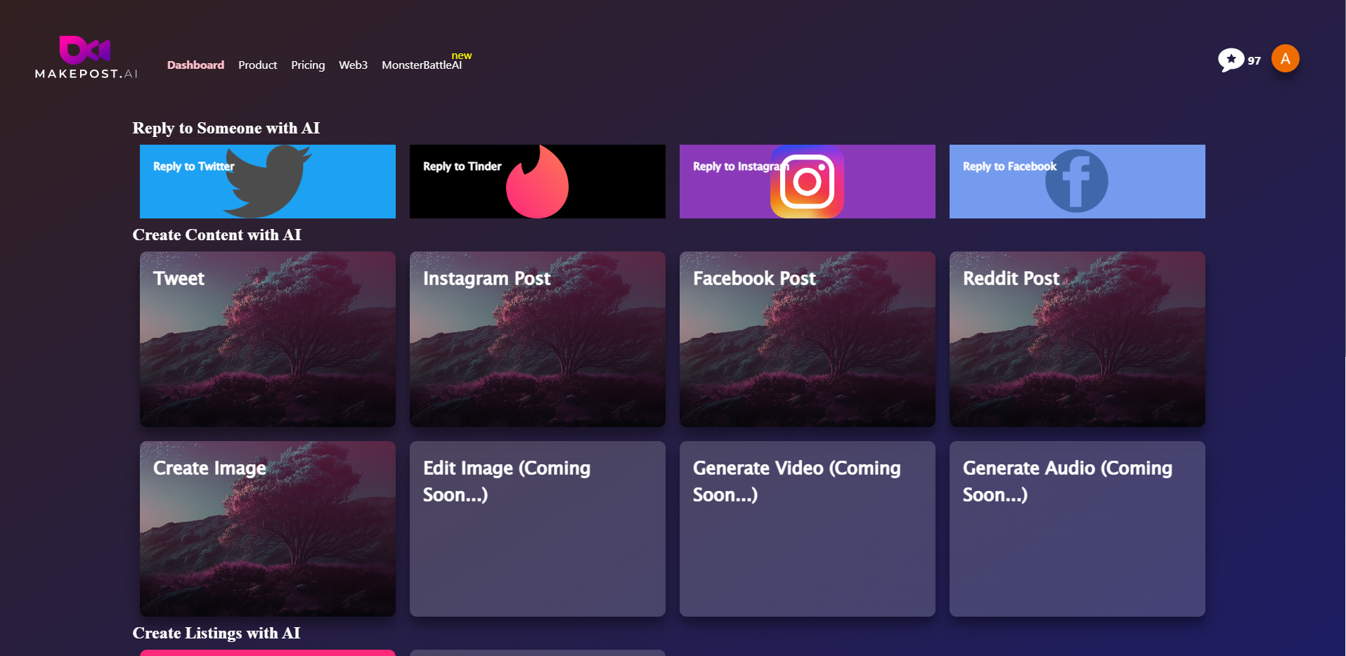 On the Main Screen we have 4 seperate Categories of AI Content: